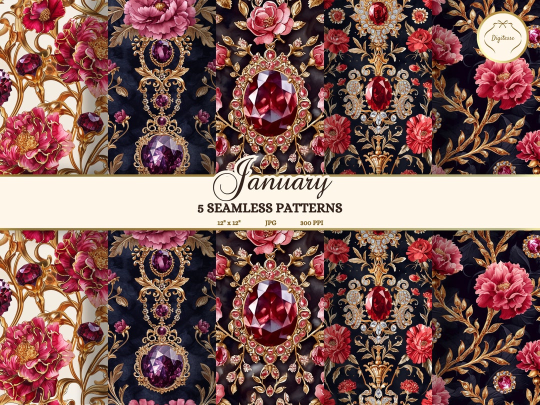 January Birthday Digital Paper, Birthstone Seamless Pattern, Garnet ...