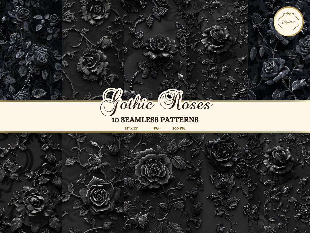 Gothic Digital Paper Set, Black Roses Seamless Patterns, Victorian ...