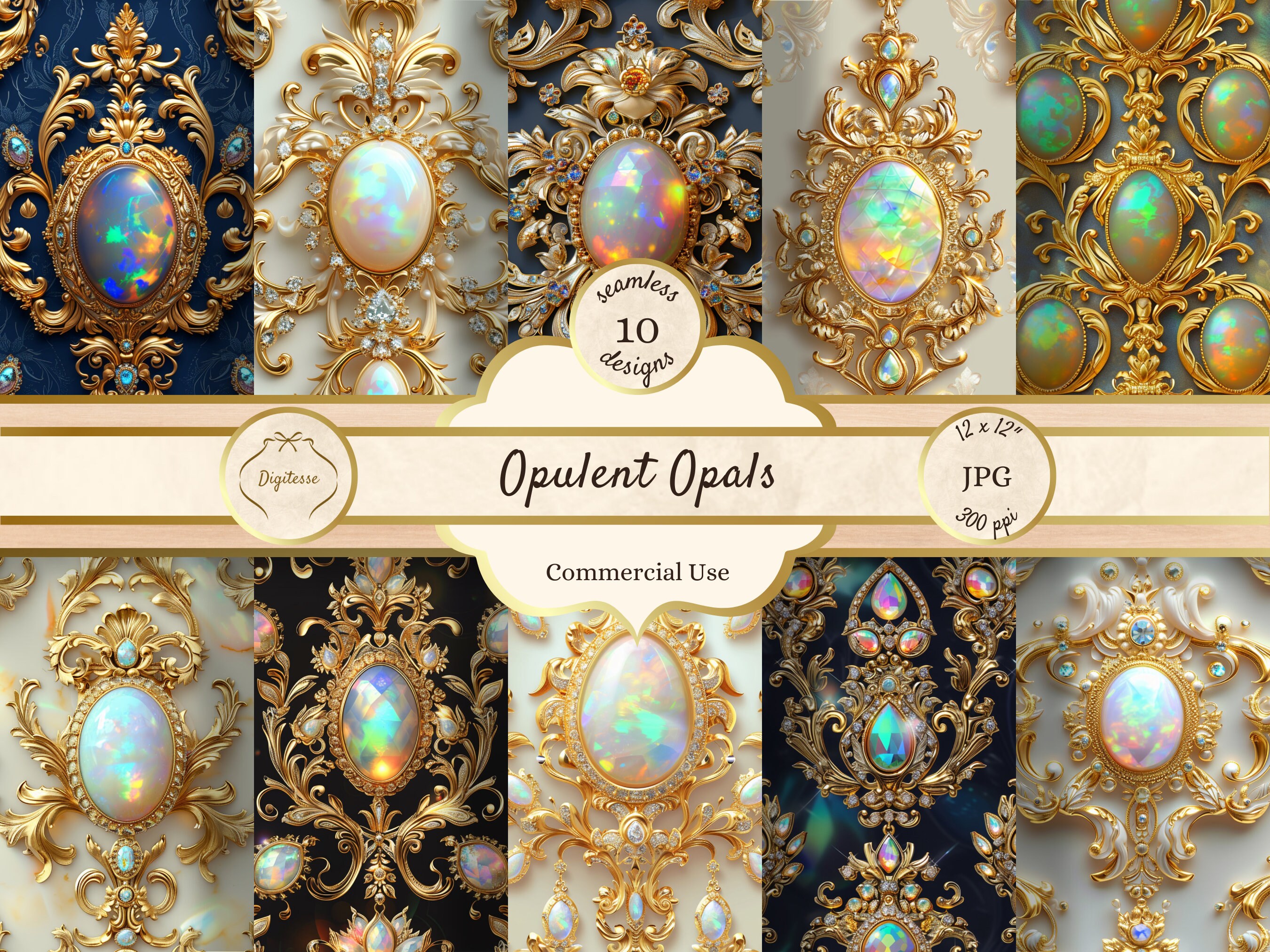 Baroque Opal Jewelry Seamless Patterns, Rococo Junk Journal Printable ...