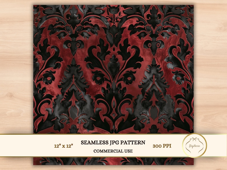 Gothic Flocked Velvet Wallpaper Printable, Burgundy Damask Pattern ...