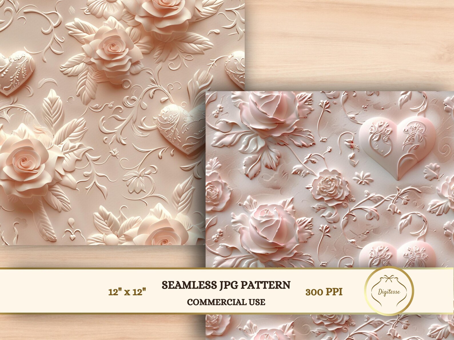 Embossed Valentine's Day Paper: Pink Hearts Rococo Patterns (JPG ...