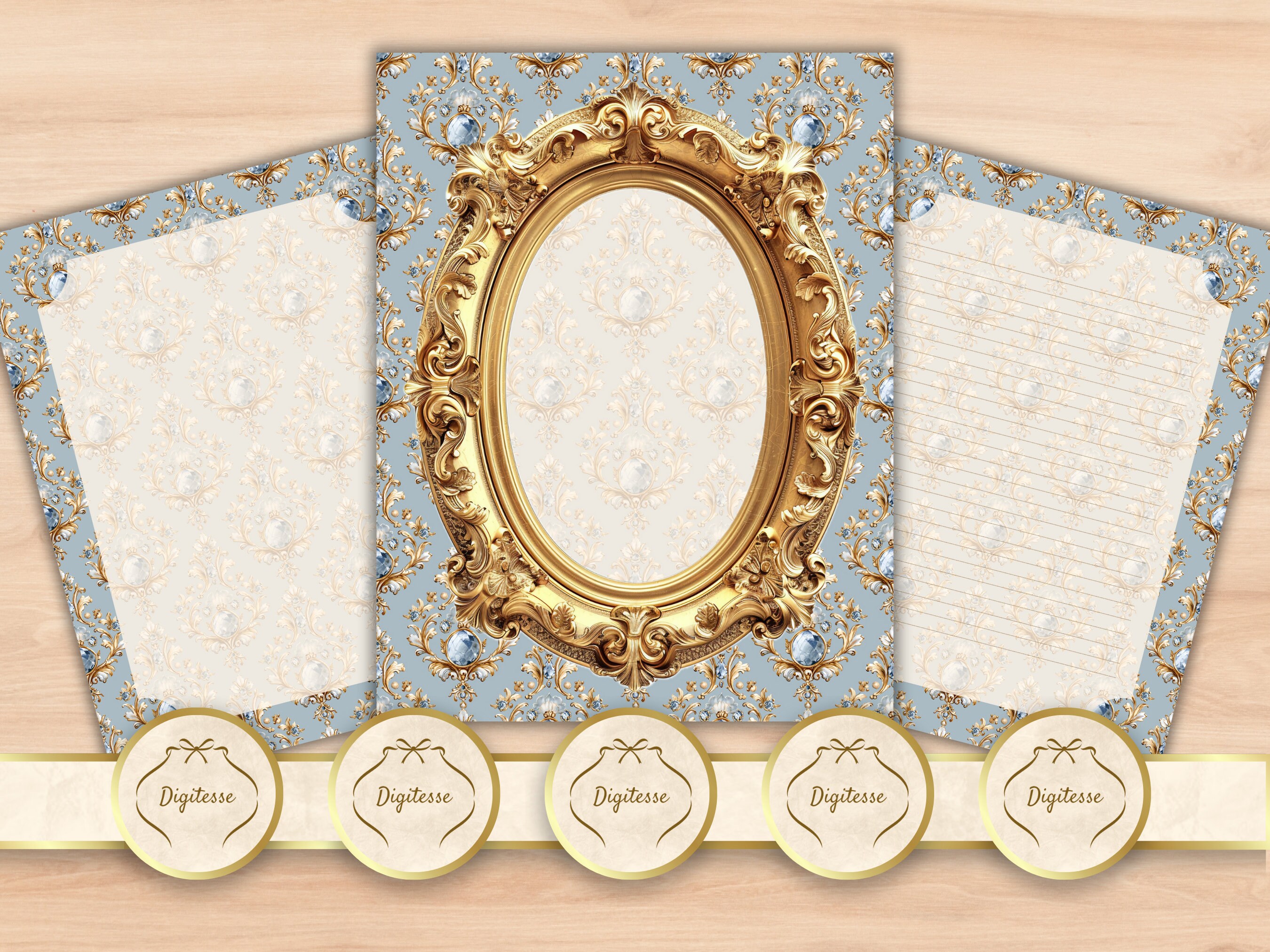 Royal Baroque Jewels Scrapbook Paper Printable, Luxury Blue & Gold Junk ...