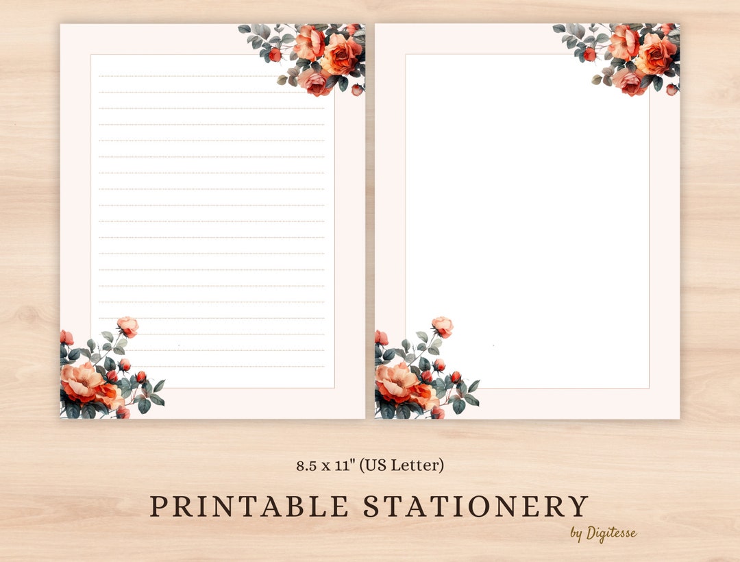 Rose Notepaper Printable, Red Roses Stationery Download, Watercolor ...