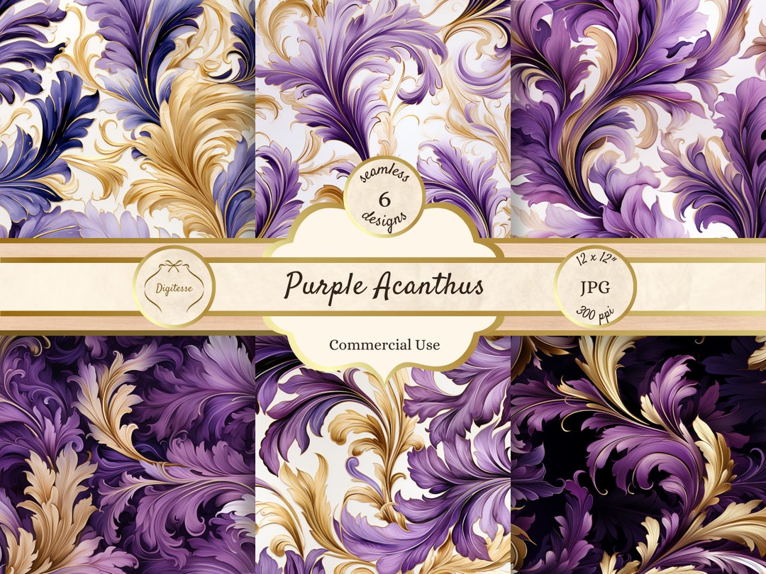 Baroque Digital Paper, Royal Purple and Gold Acanthus, Ornate Baroque ...