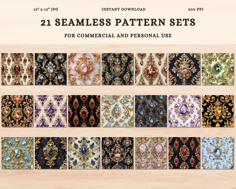 Baroque Jewelry Seamless Pattern Bundle, Baroque Paper Gemstones JPG ...