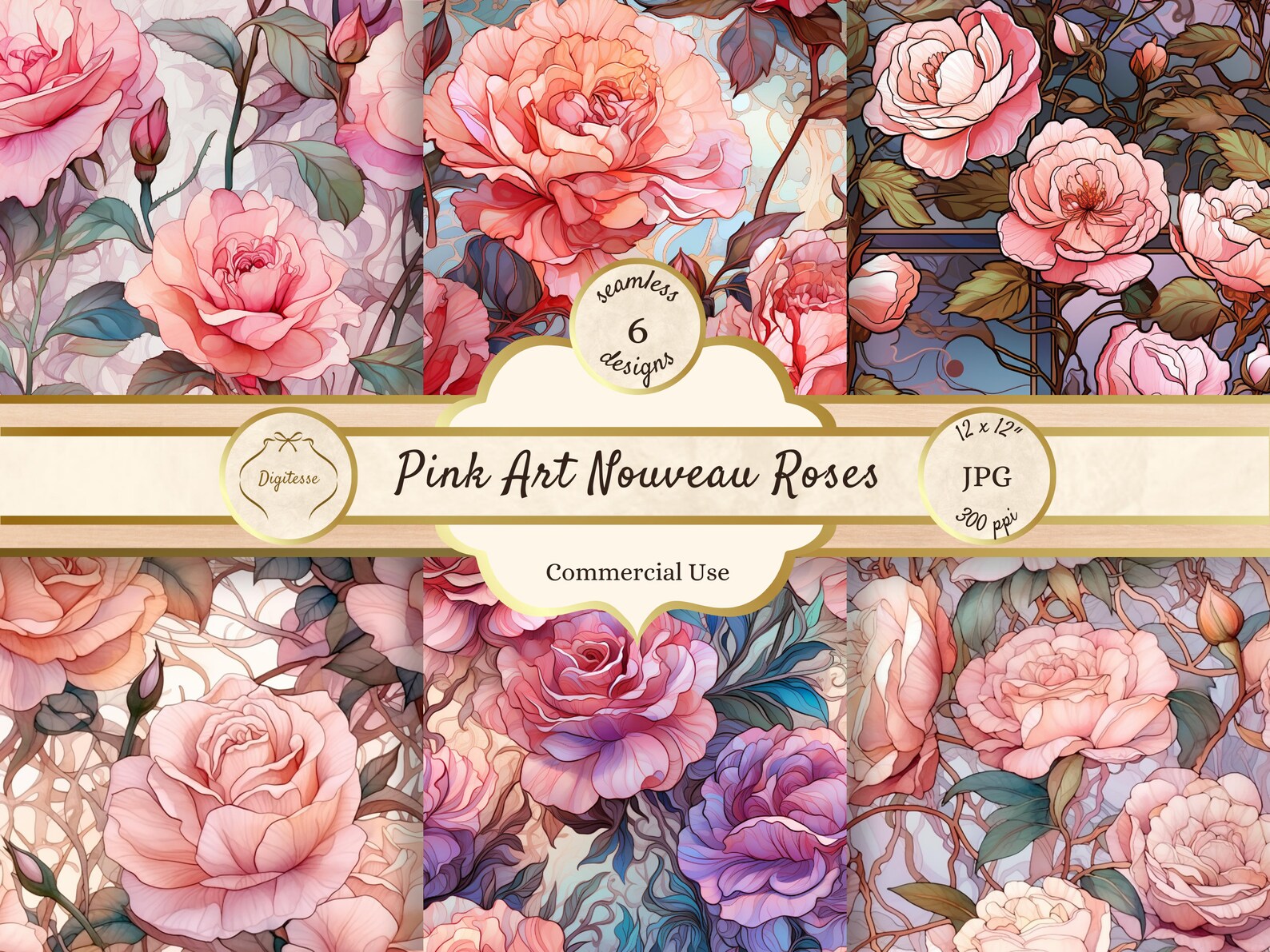 Pink Art Nouveau Roses Seamless Pattern Set, Belle Epoque Digital ...