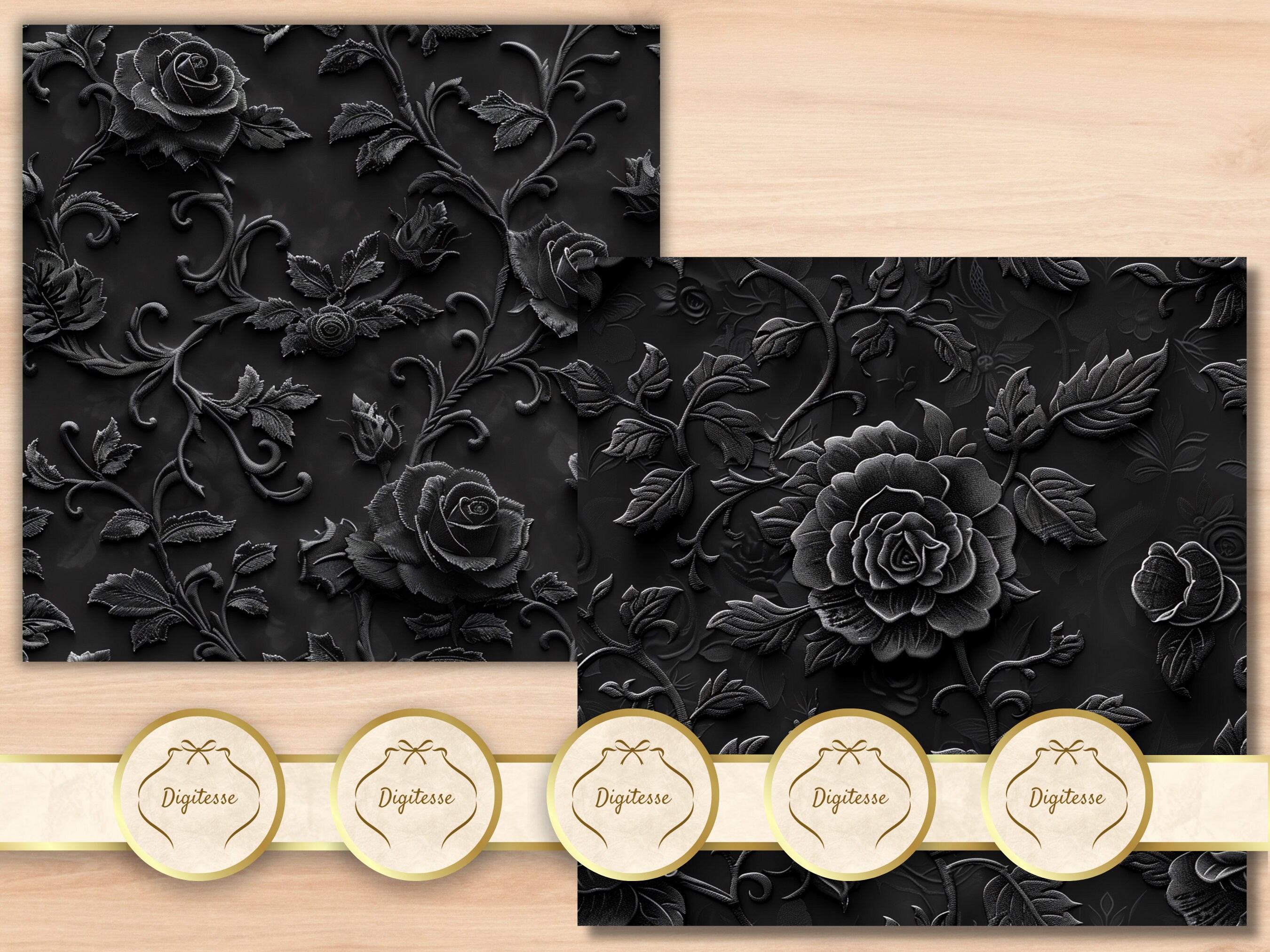Gothic Digital Paper Set, Black Roses Seamless Patterns, Victorian ...