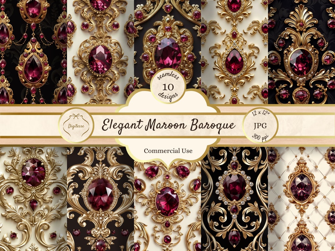 Maroon Baroque Gemstones Seamless Patterns, Rococo Junk Journal Printable Pages, Royal ...