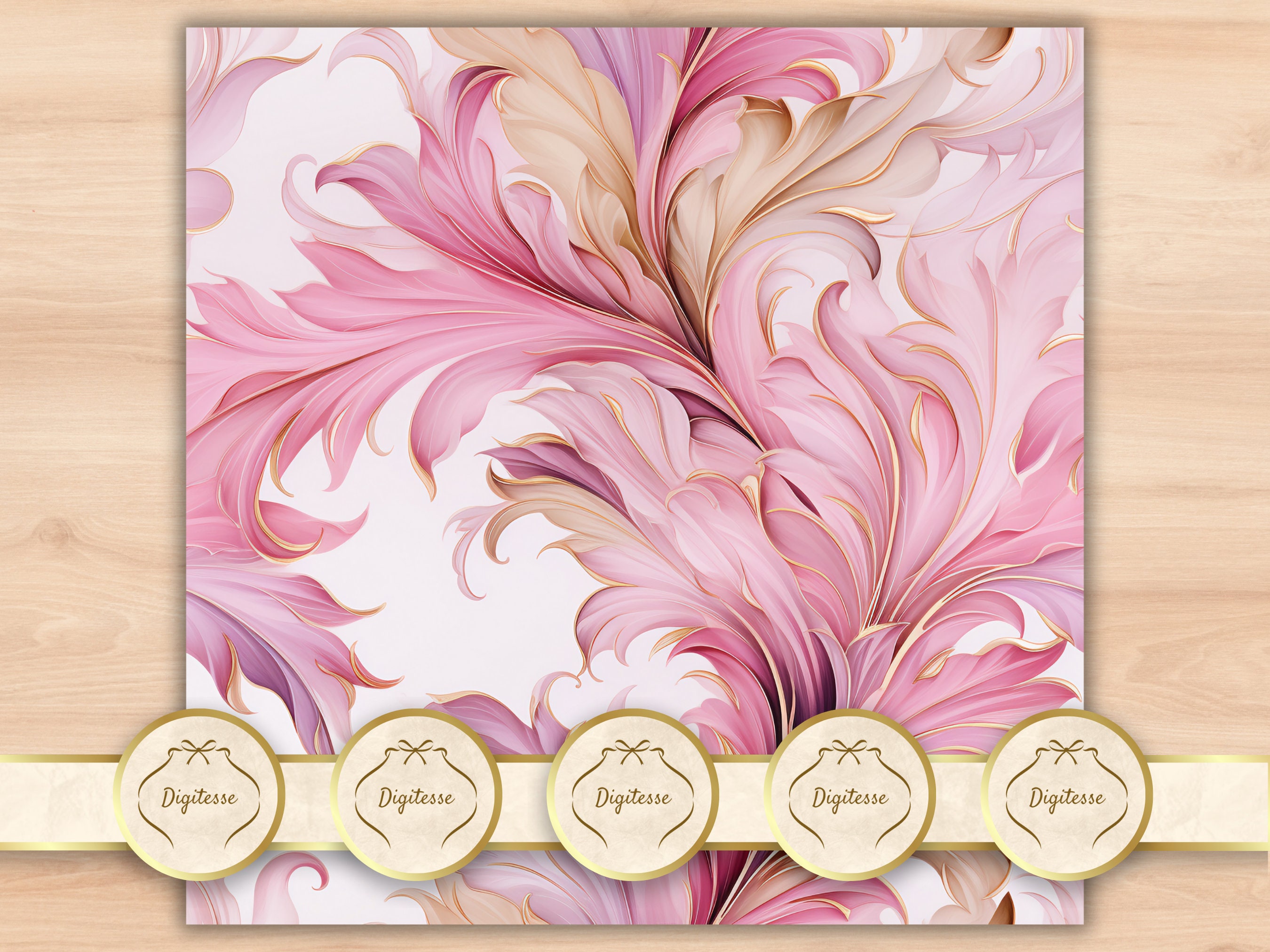 Pink and Gold Acanthus Digital Paper, Elegant Baroque Flourish Seamless ...