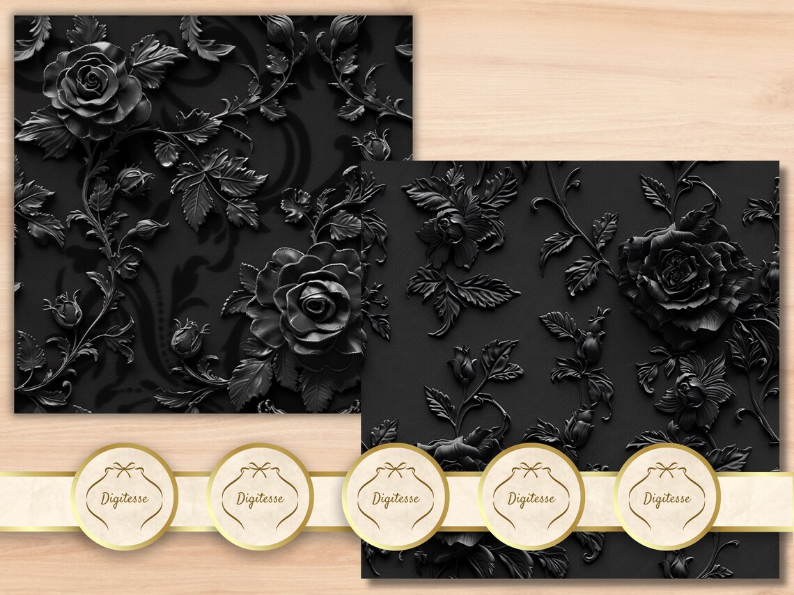 Gothic Digital Paper Set, Black Roses Seamless Patterns, Victorian ...