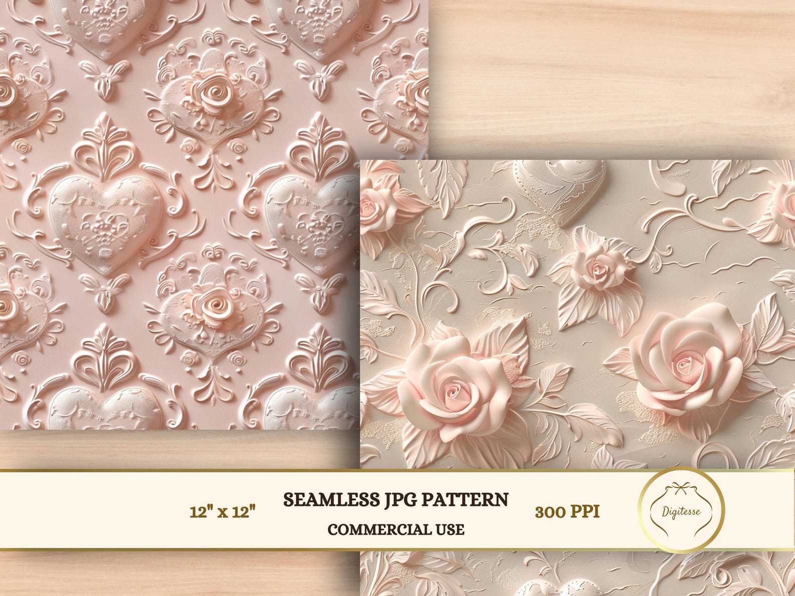 Embossed Valentine's Day Paper: Pink Hearts Rococo Patterns (JPG ...