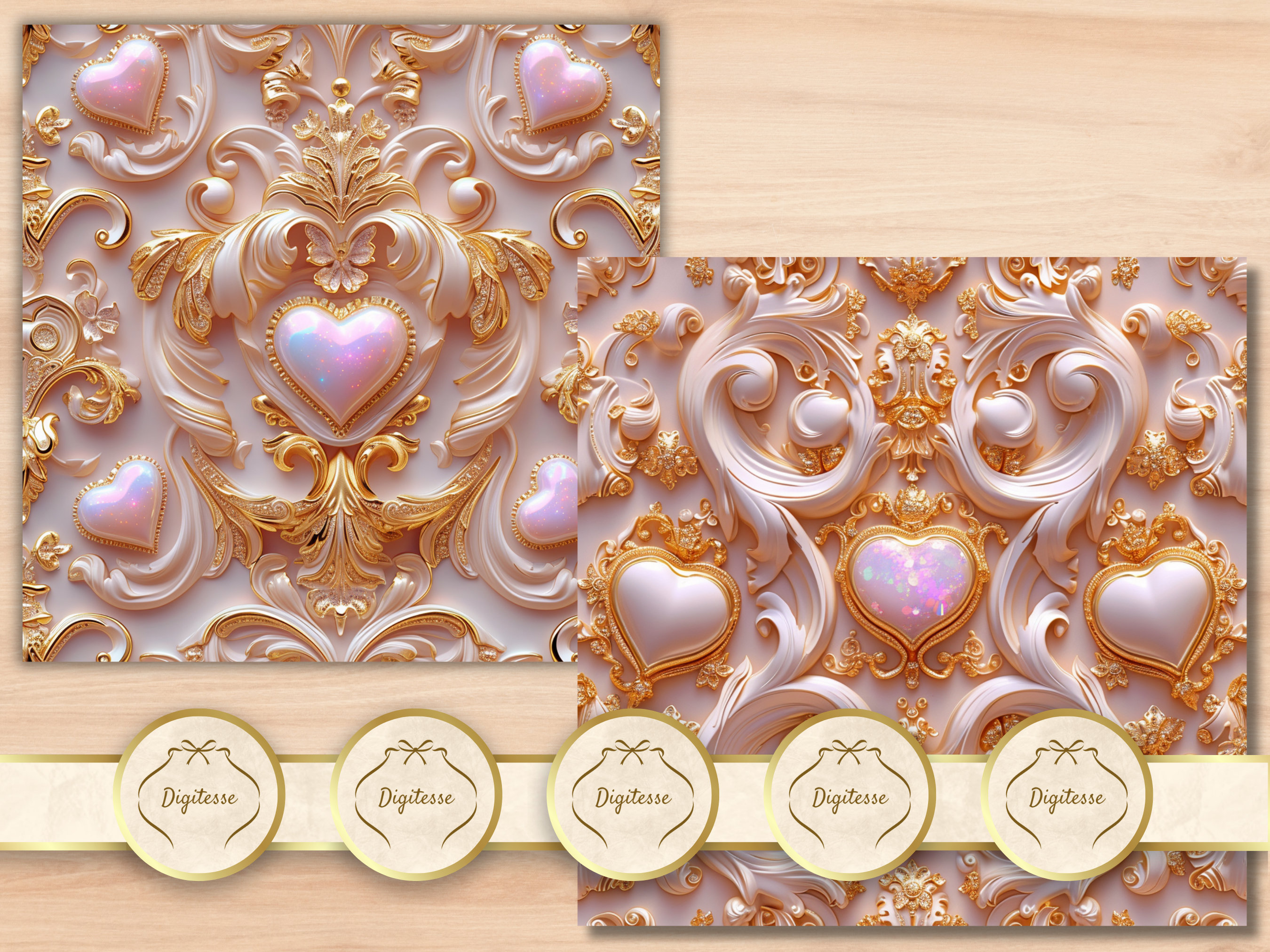 Rococo Pink Hearts Background JPG, Baroque Jewel Seamless Patterns ...