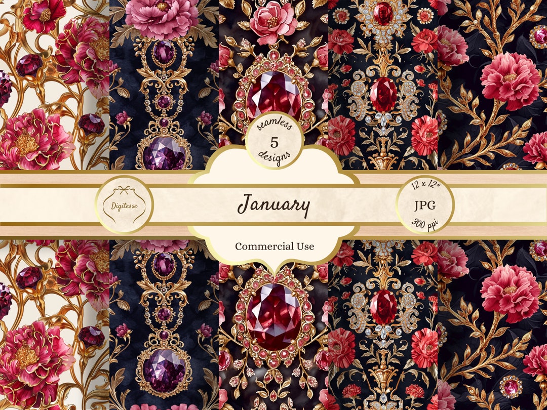 January Birthday Digital Paper, Birthstone Seamless Pattern, Garnet ...
