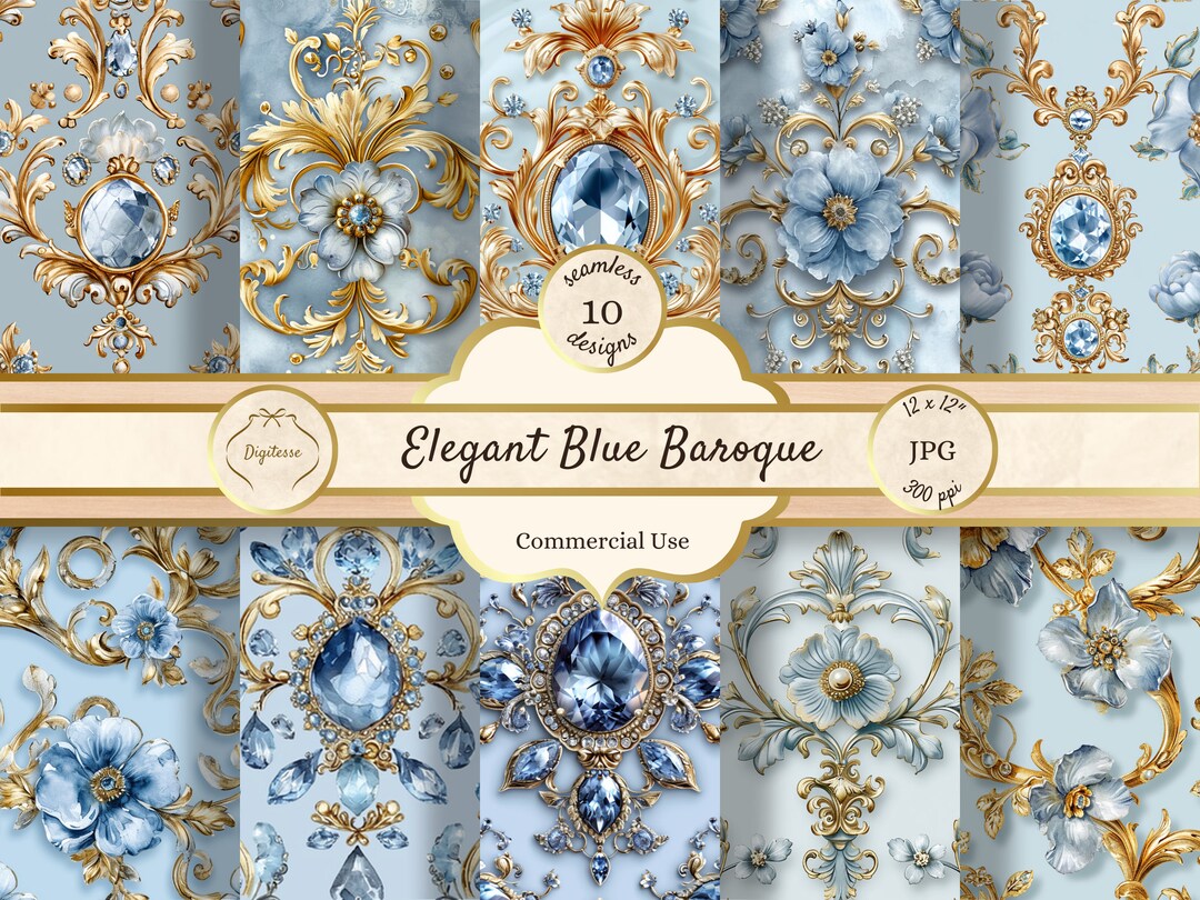 Elegant Blue Baroque Seamless Patterns, Rococo Junk Journal Printable ...