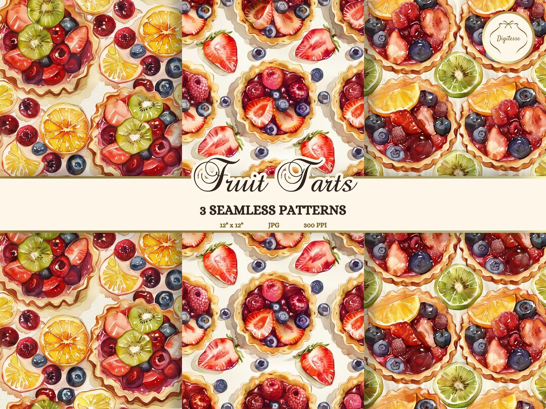 Fruit Tarts Seamless Pattern, Watercolor Dessert JPG, Holiday Scrapbook ...