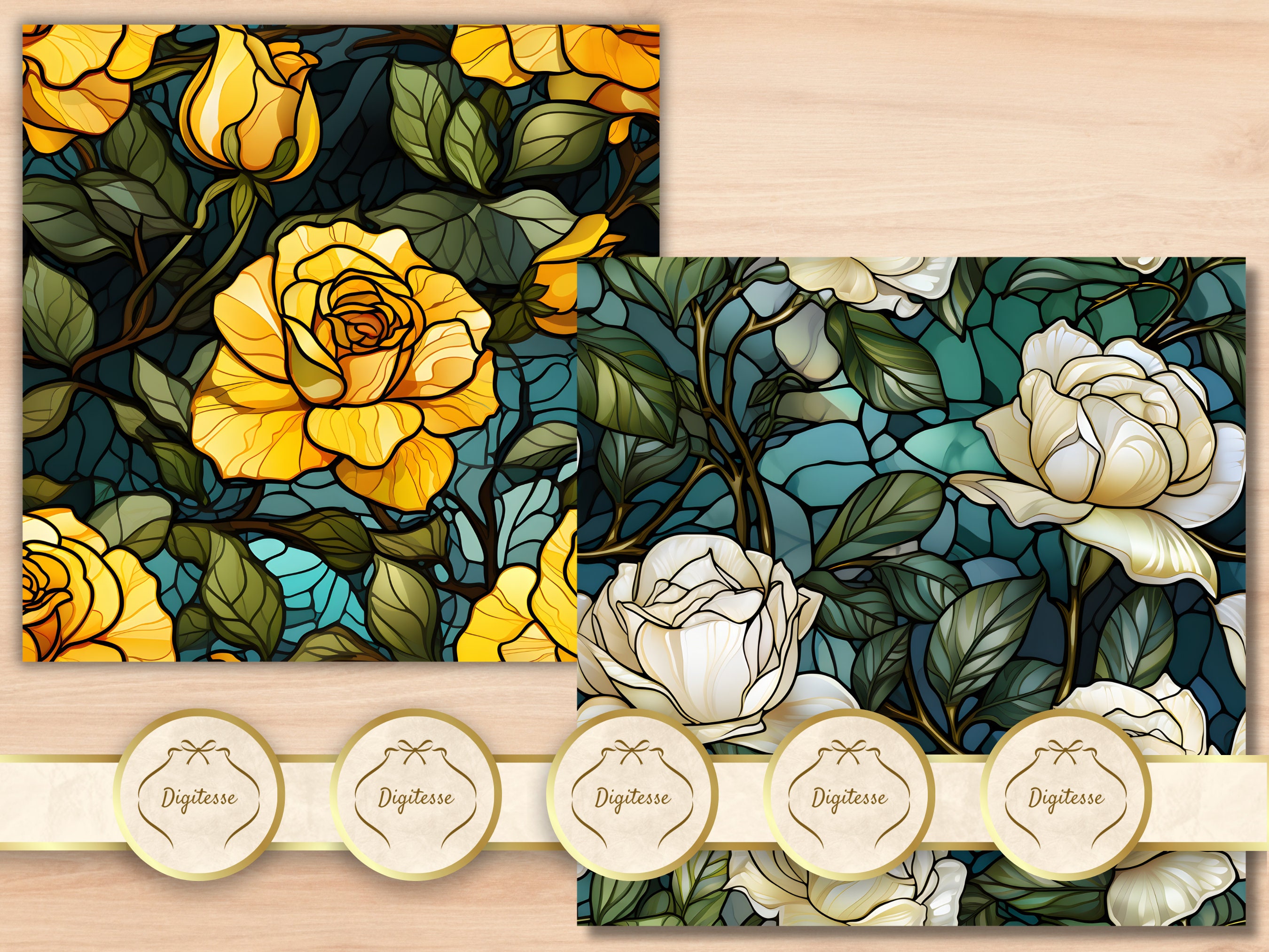 Tiffany Stained Glass Roses Digital Paper, Art Nouveau Patterns ...