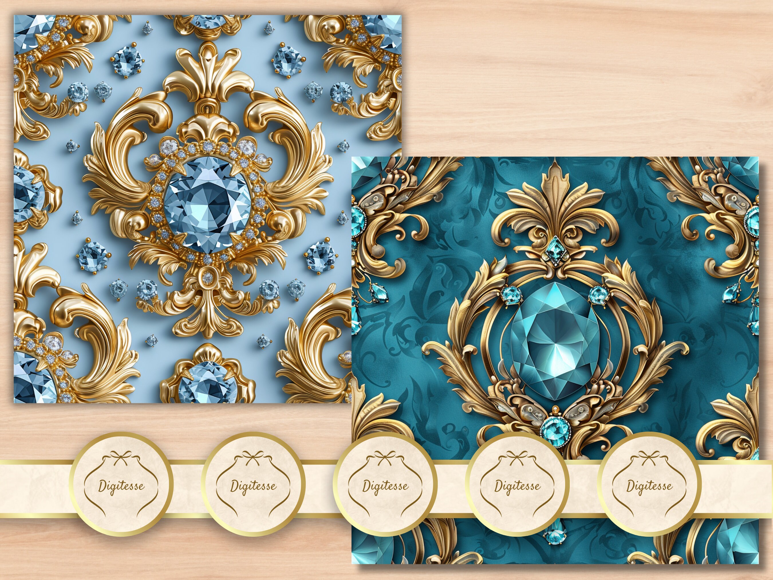 Rococo Aqua Jewels Seamless Patterns, Turquoise and Gold Baroque Junk ...