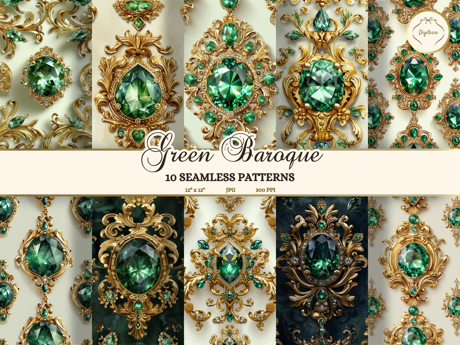 Elegant Green Baroque Jewels Seamless Patterns for Crafting, Rococo ...