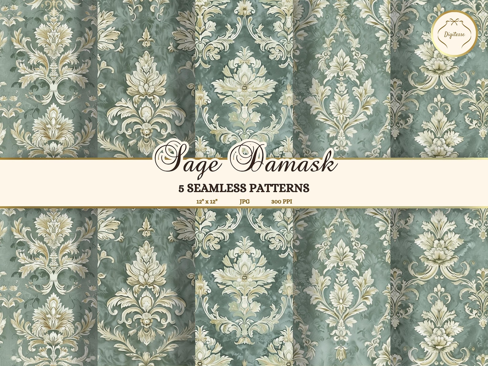 Sage Green Damask Seamless Patterns, Shabby Chic Wallpaper JPG, Regency ...