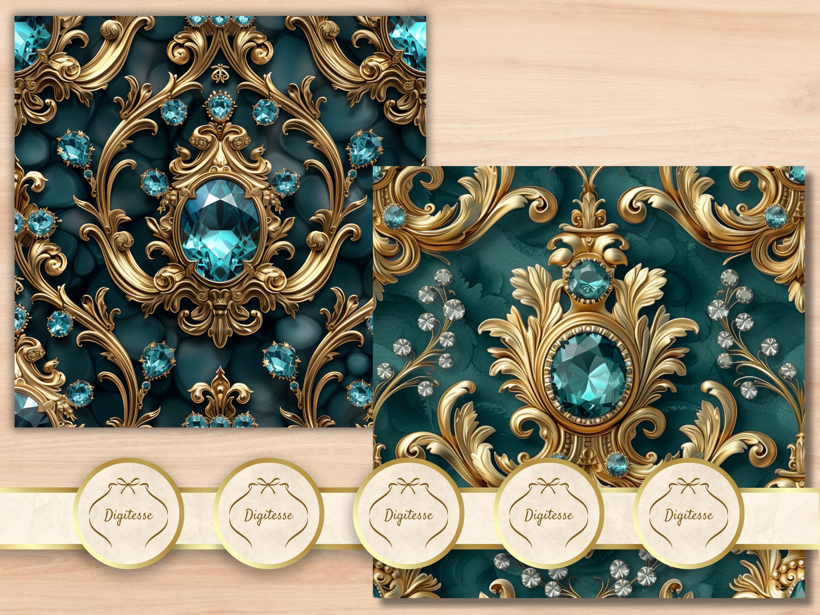 Rococo Aqua Jewels Seamless Patterns, Turquoise and Gold Baroque Junk ...