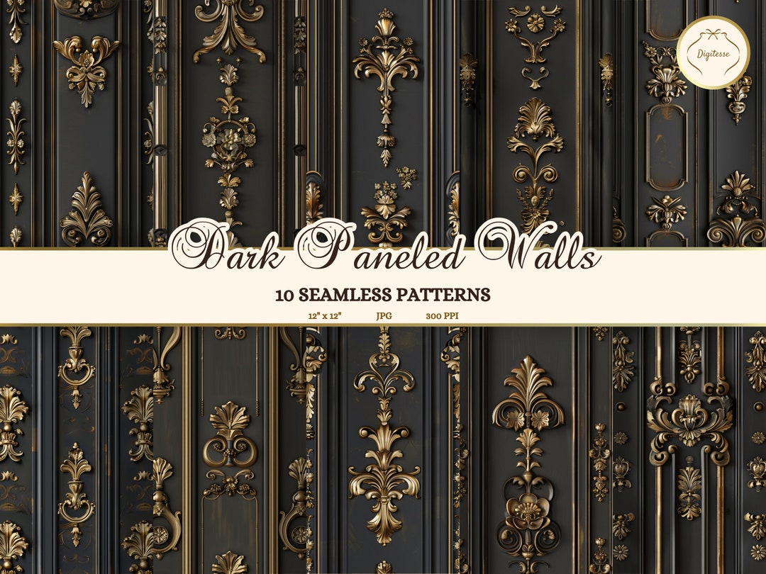 Black & Gold Rococo Paneled Walls, Gothic Dollhouse Wallpaper JPG ...