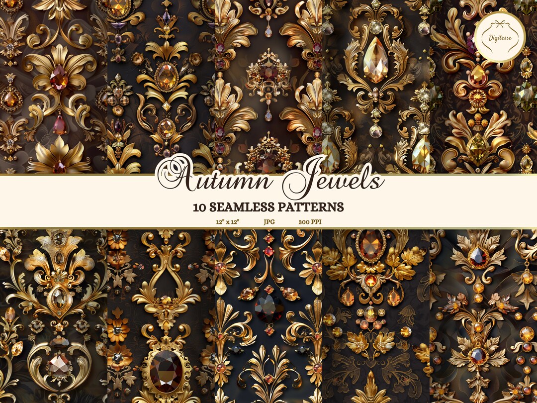Baroque Seamless Patterns for Fall, Autumn Luxury Digital Paper, Dark ...