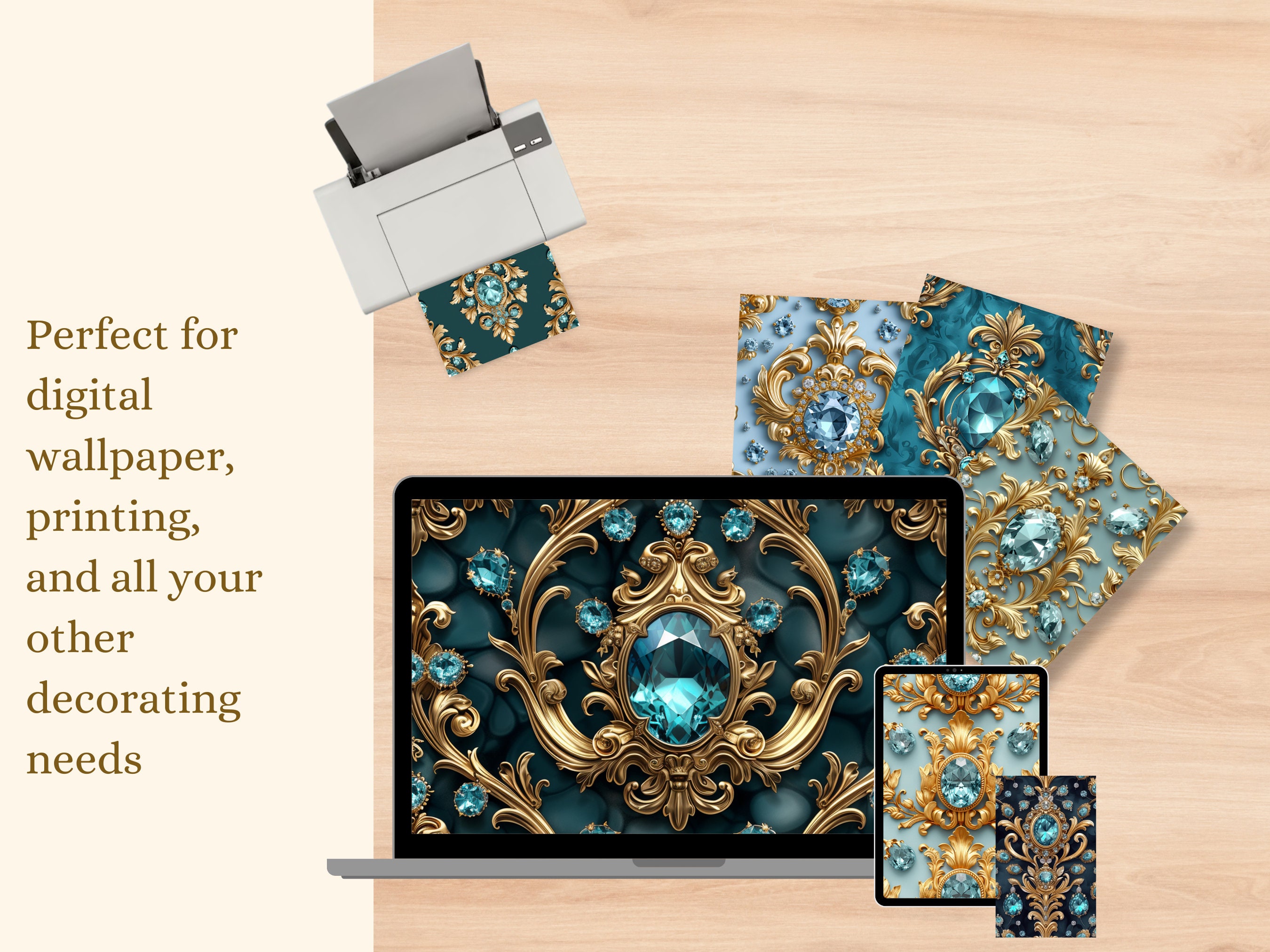 Rococo Aqua Jewels Seamless Patterns, Turquoise and Gold Baroque Junk ...