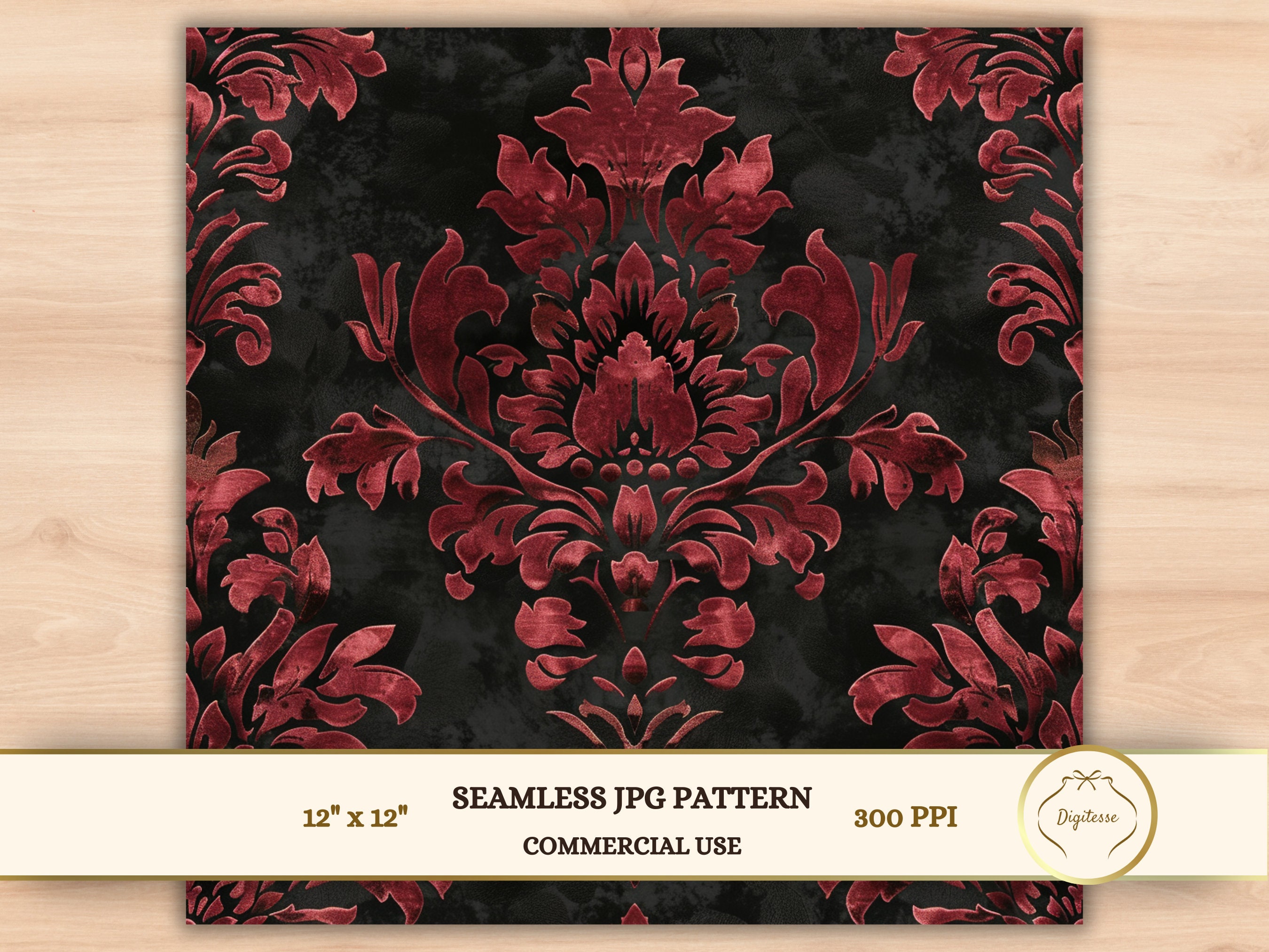 Gothic Flocked Velvet Wallpaper Printable, Burgundy Damask Pattern ...