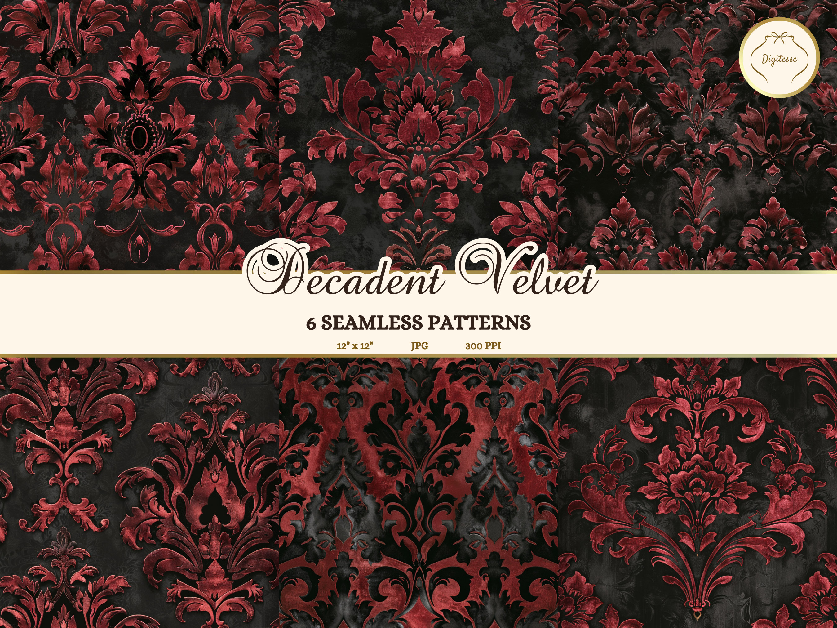 Gothic Flocked Velvet Wallpaper Printable, Burgundy Damask Pattern ...