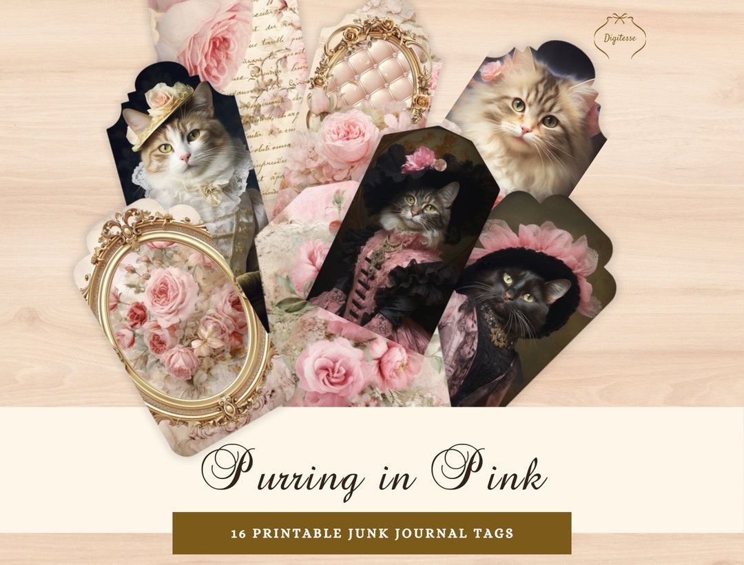 Cats in Clothes Junk Journal Printable Tags, Pink Floral Junk Journal ...