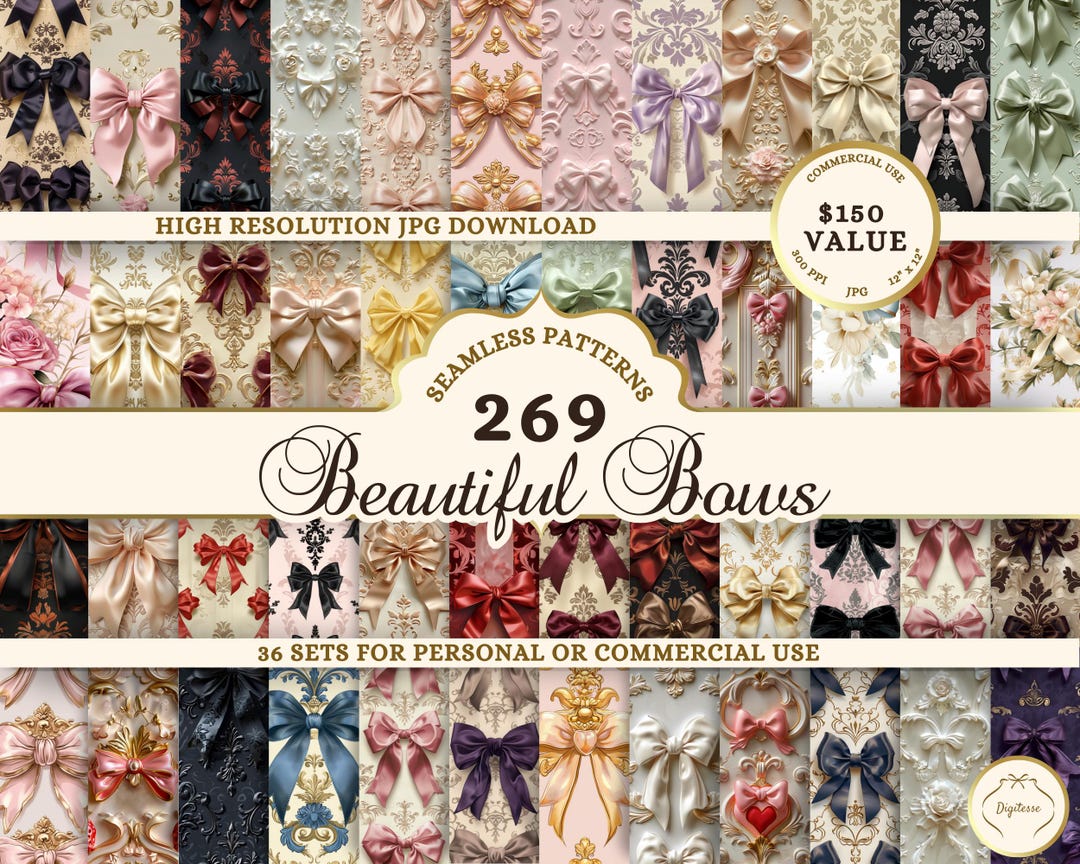 Watercolor Bow Seamless Pattern Bundle: Rococo Coquette Digital Paper ...