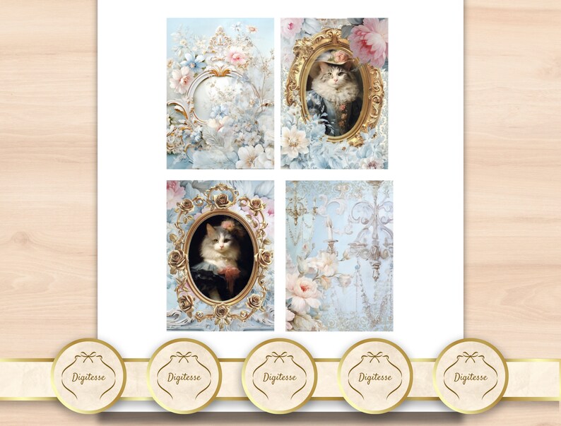 Rococo Junk Journal Cards, Cats in Clothes, Pink and Blue Floral ...