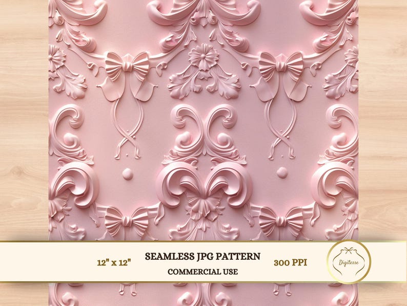 Coquette Rococo Seamless Patterns, Pink Bows Wallpaper (JPG) - Etsy