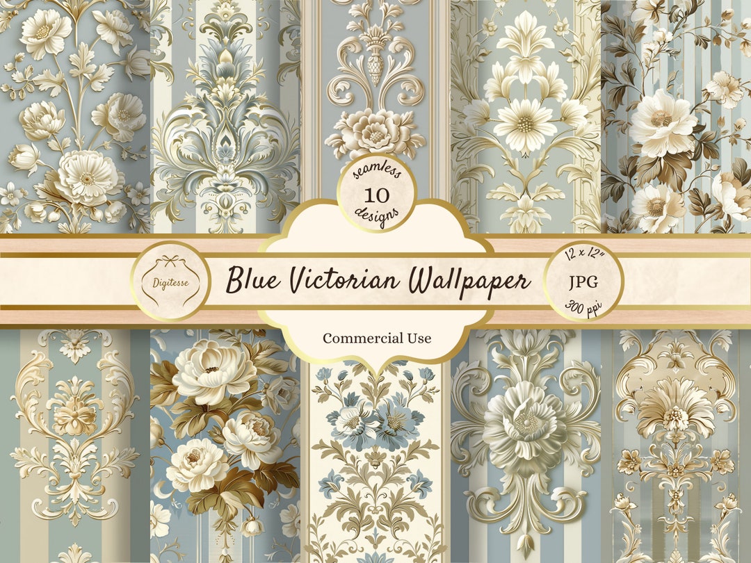 Pale Blue Victorian Seamless Patterns, Flowered Victorian Dollhouse ...
