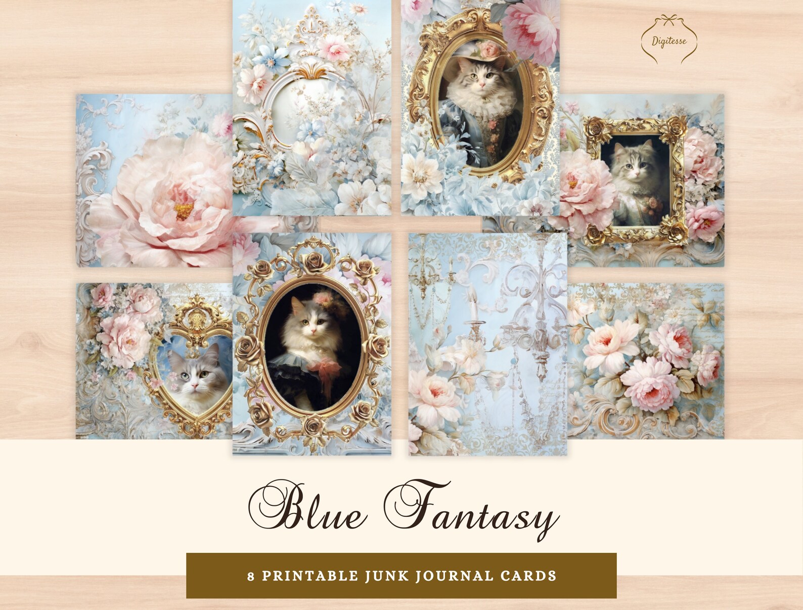 Rococo Junk Journal Cards, Cats in Clothes, Pink and Blue Floral ...