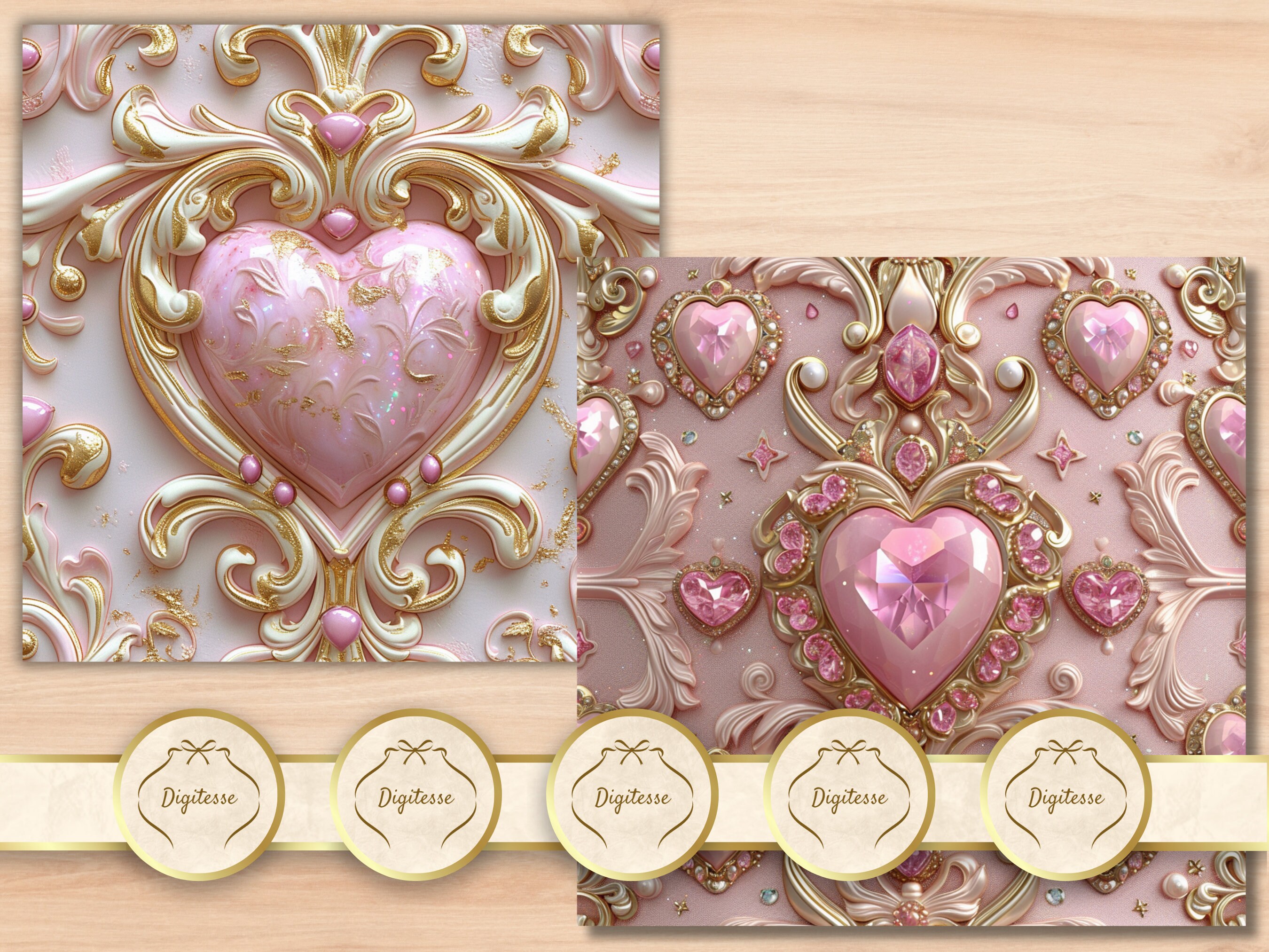 Rococo Pink Hearts Background JPG, Baroque Jewel Seamless Patterns ...