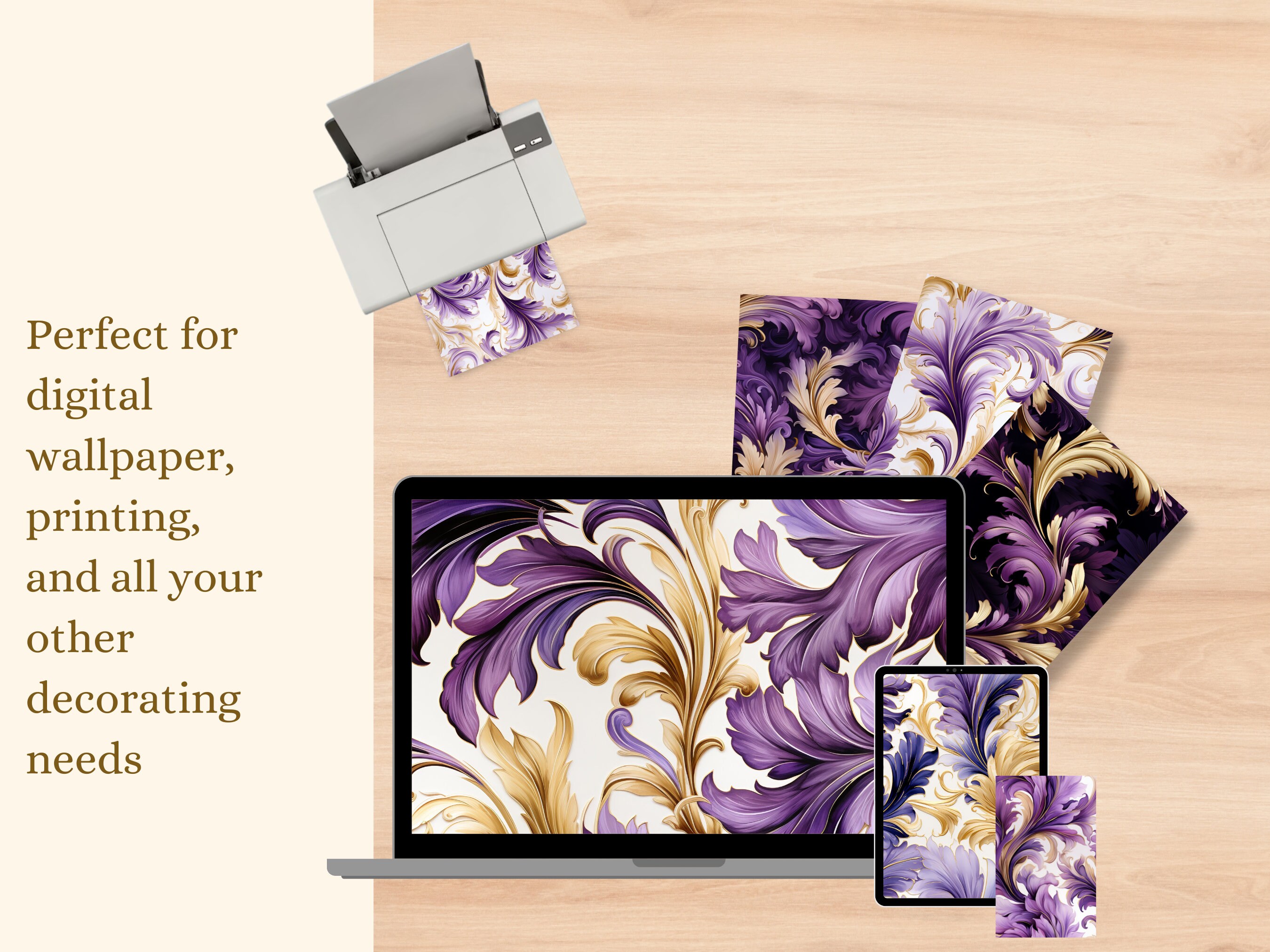 Baroque Digital Paper, Royal Purple and Gold Acanthus, Ornate Baroque ...