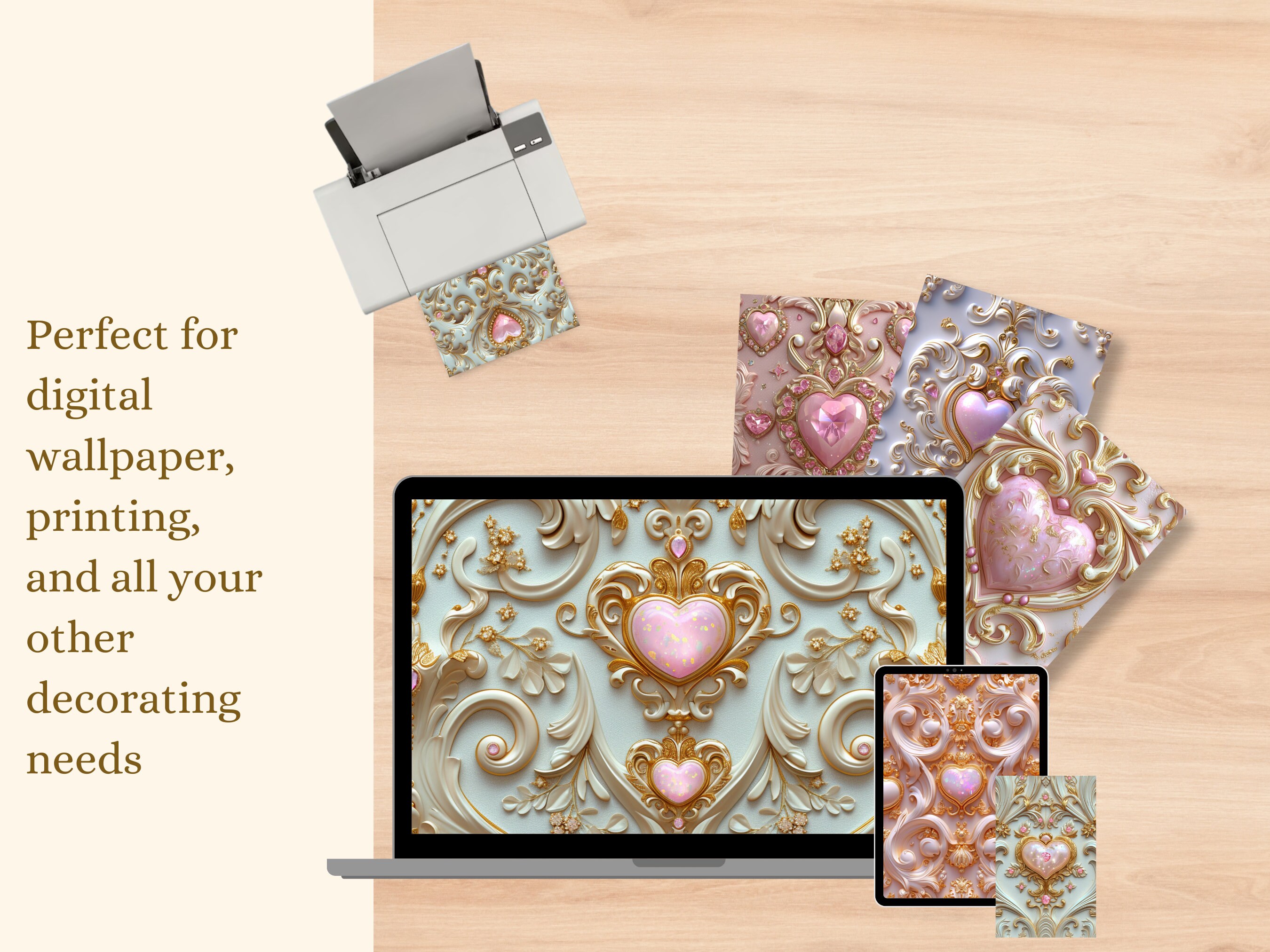 Rococo Pink Hearts Background JPG, Baroque Jewel Seamless Patterns ...