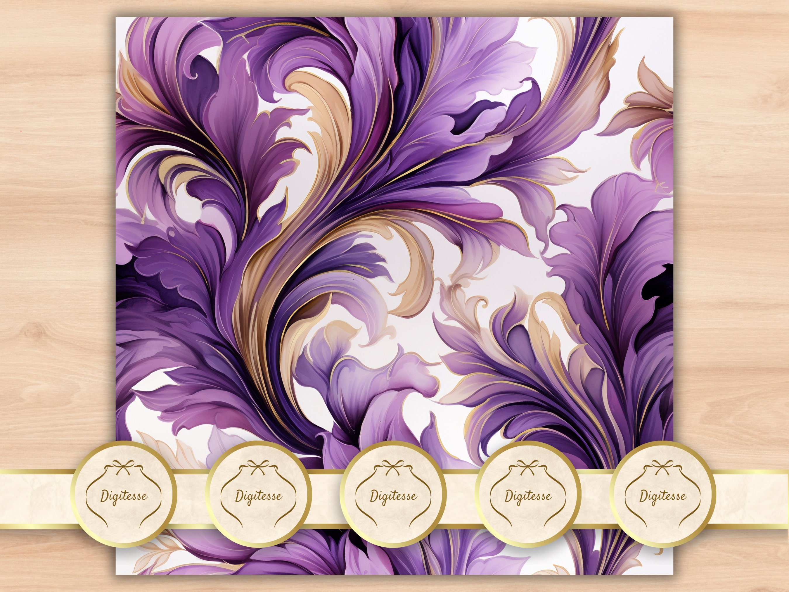Baroque Digital Paper, Royal Purple and Gold Acanthus, Ornate Baroque ...