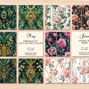 Seamless Patterns Birthday JPG, Digital Birthstone Paper, Birth Flower ...