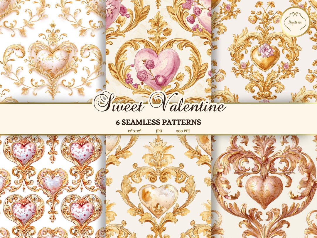 Pink Heart Seamless Pattern, Rococo Valentine's Day Junk Journal Pages ...