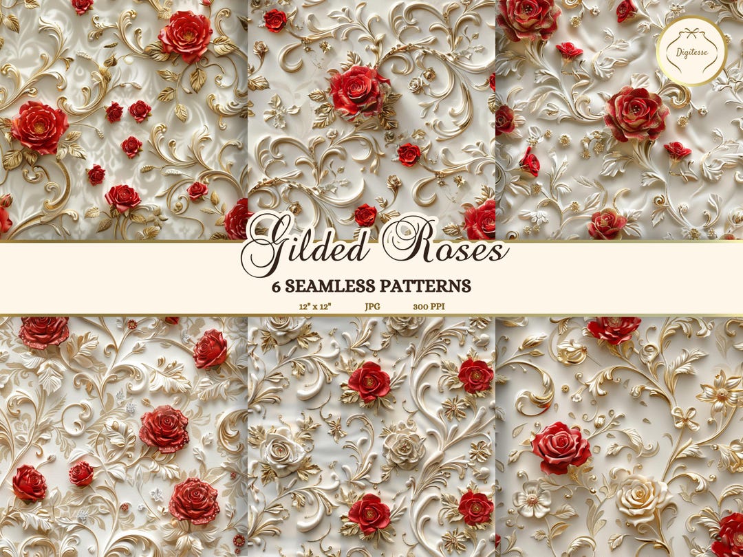 Red Rose Gold Floral Seamless Paper: Royal Valentine's Day (digital ...