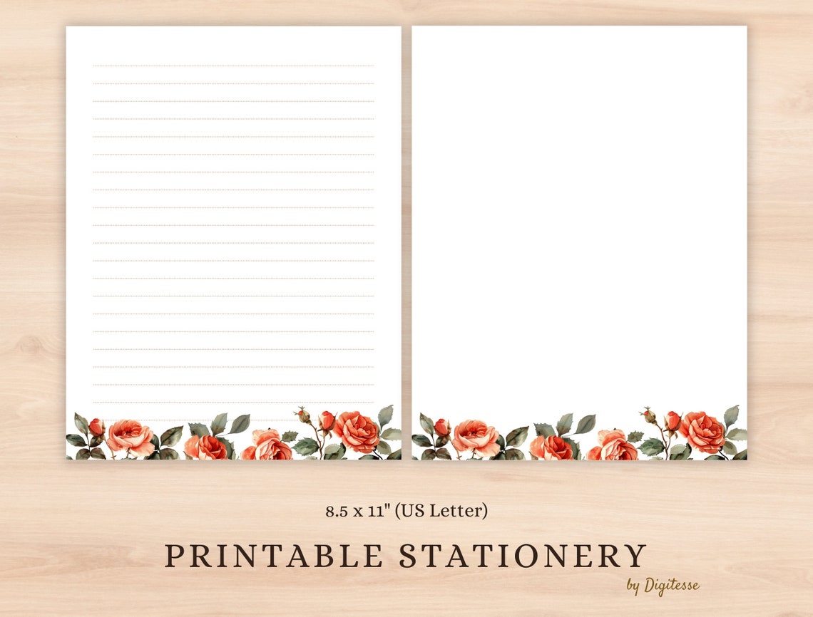 Printable Watercolor Red Roses Stationery, Floral Letter Writing Paper ...