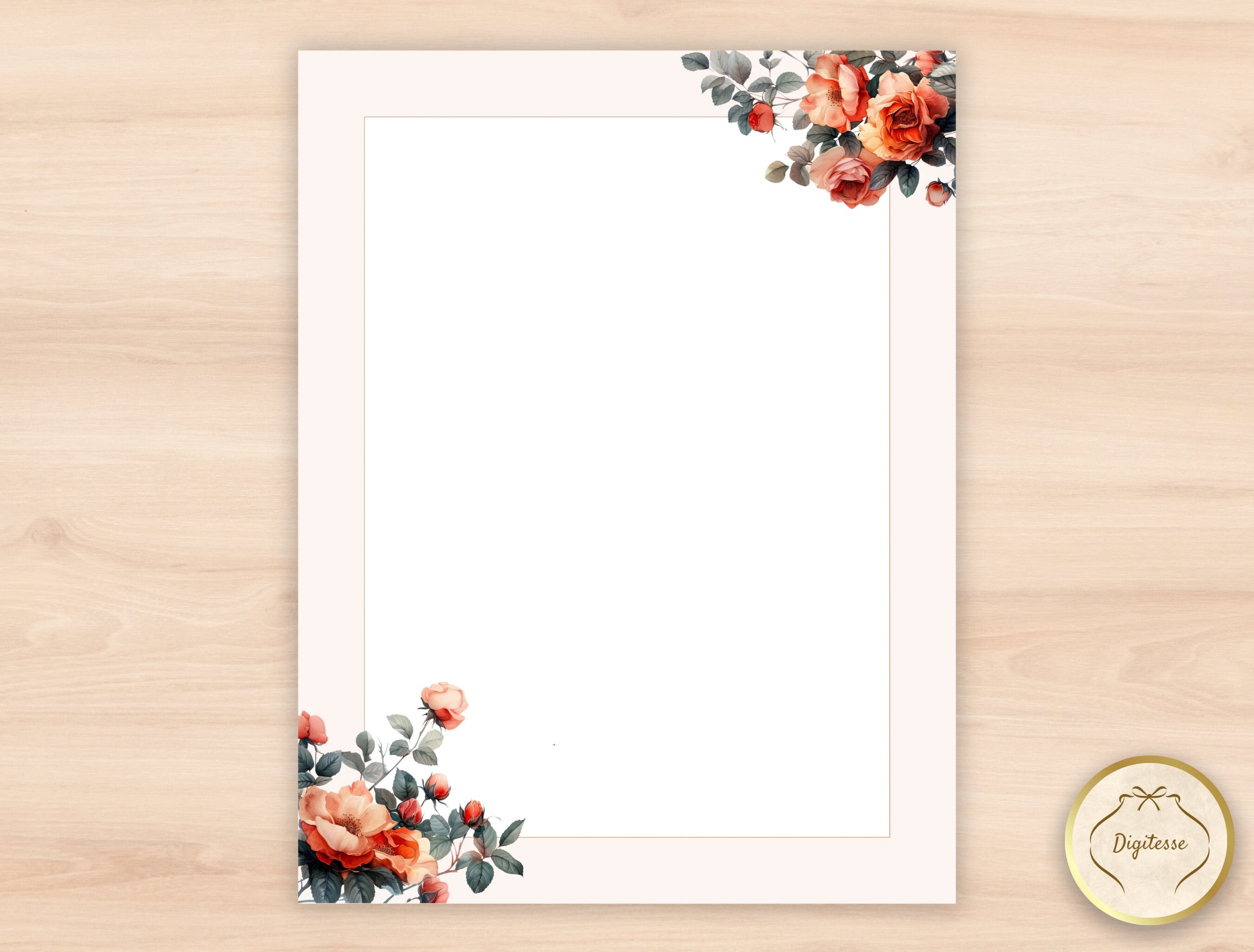 Rose Notepaper Printable, Red Roses Stationery Download, Watercolor ...