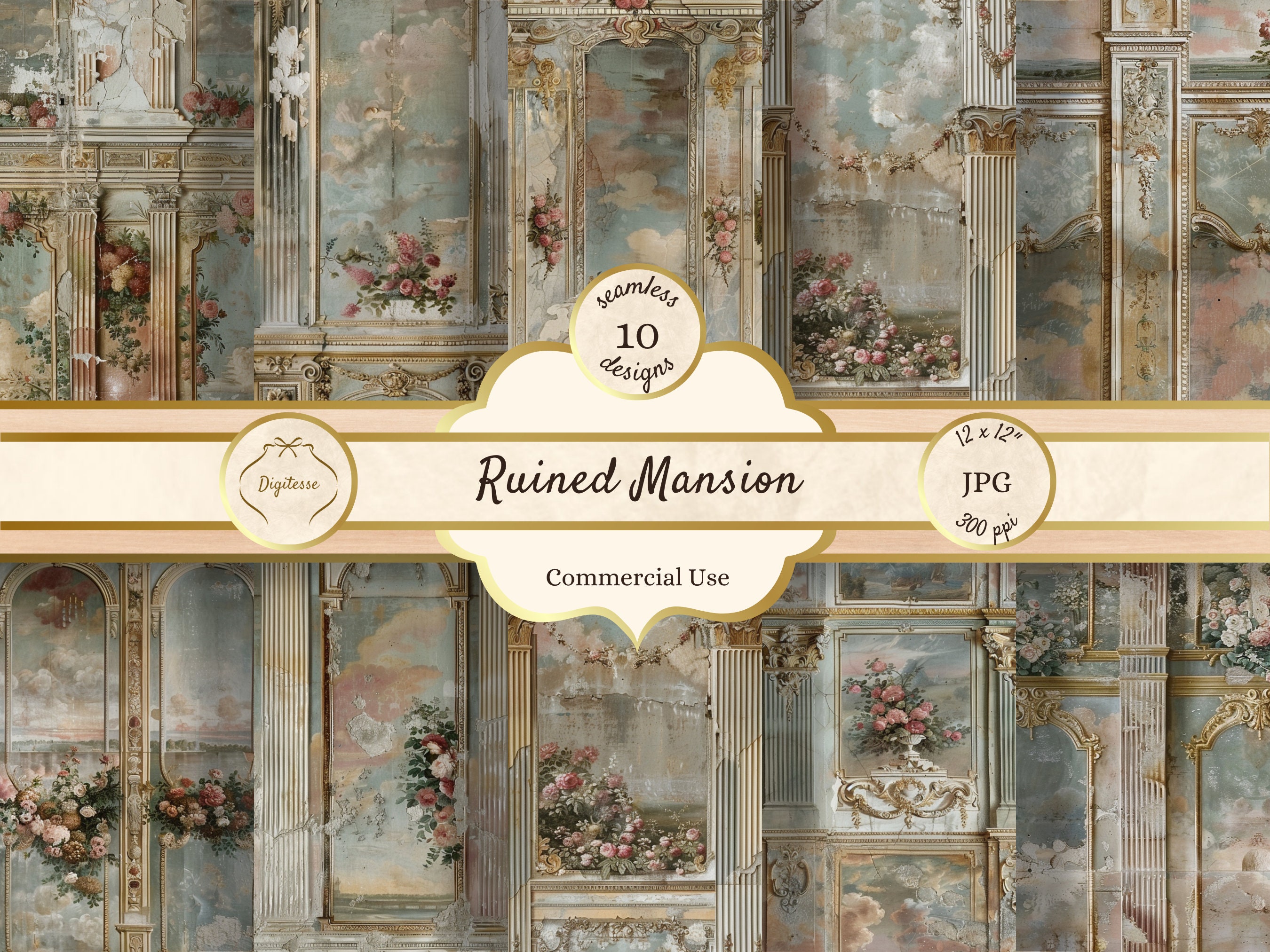 Rococo Seamless Patterns, Shabby Chic Dollhouse Wallpaper, Distressed ...