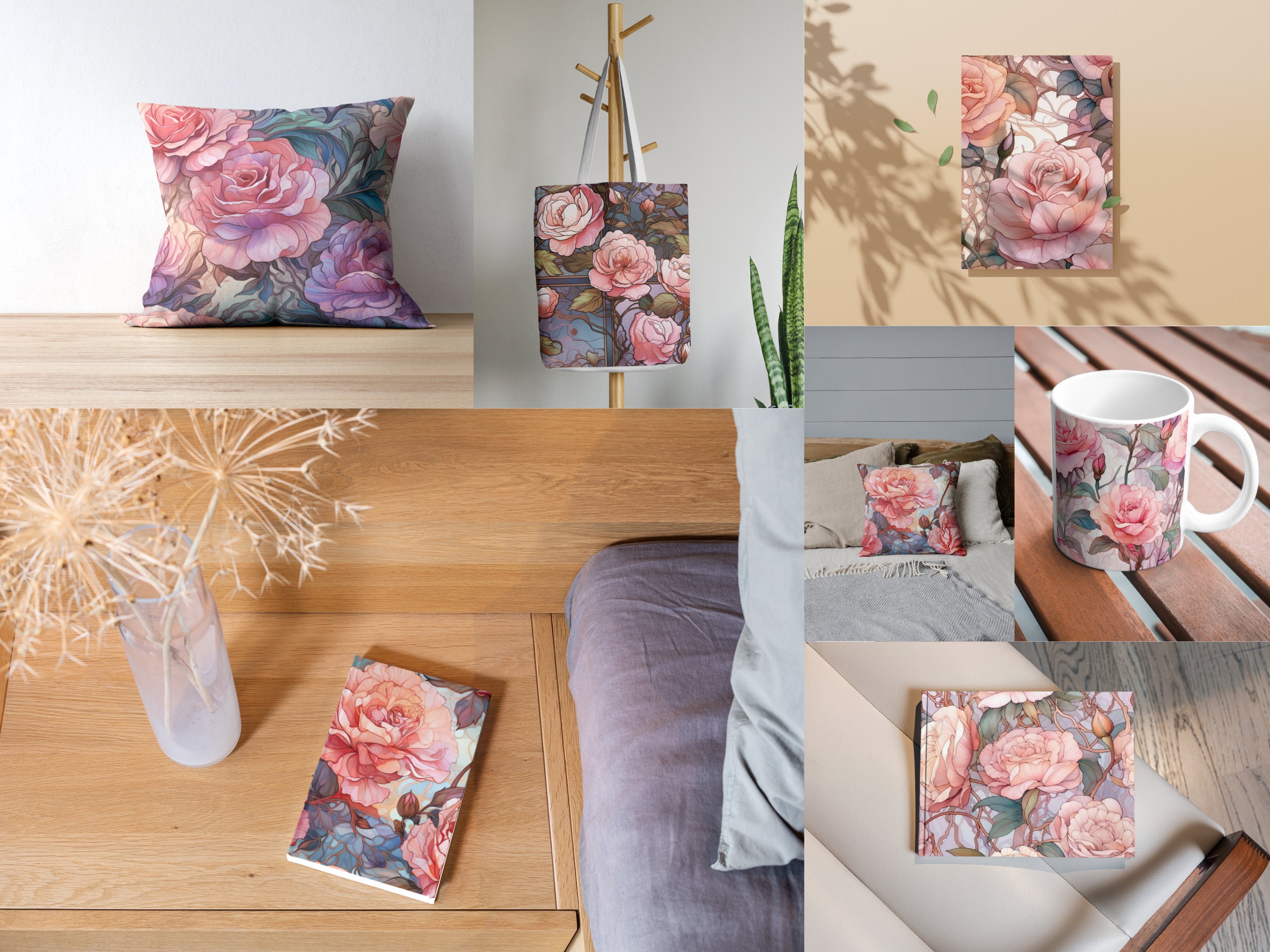 Pink Art Nouveau Roses Seamless Pattern Set, Belle Epoque Digital ...