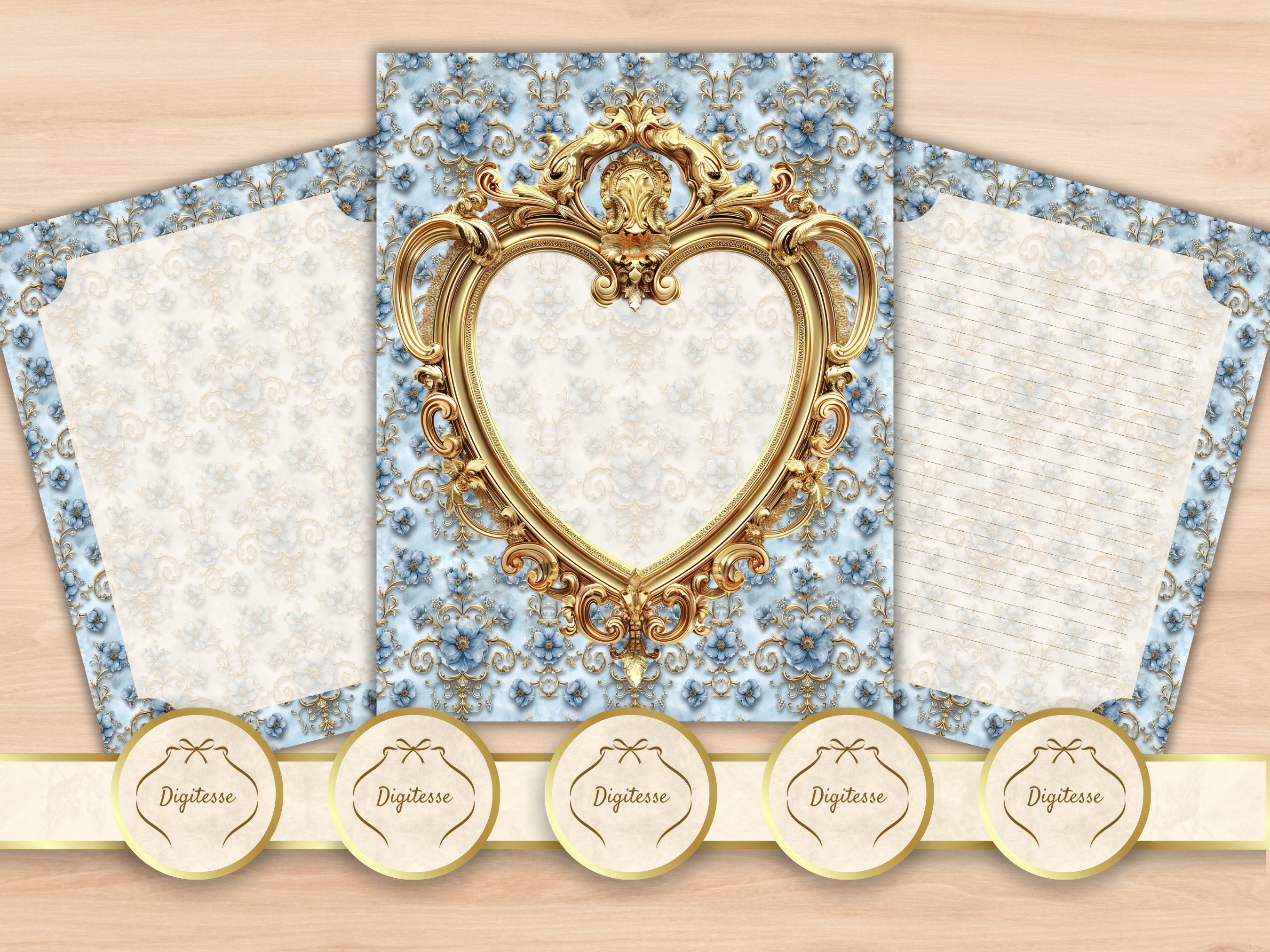 Royal Baroque Jewels Scrapbook Paper Printable, Luxury Blue & Gold Junk ...