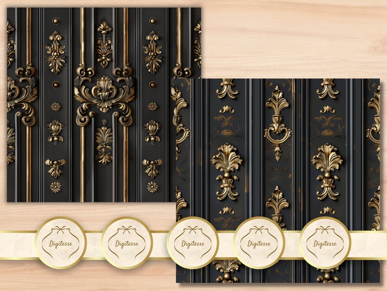 Black & Gold Rococo Paneled Walls, Gothic Dollhouse Wallpaper JPG ...