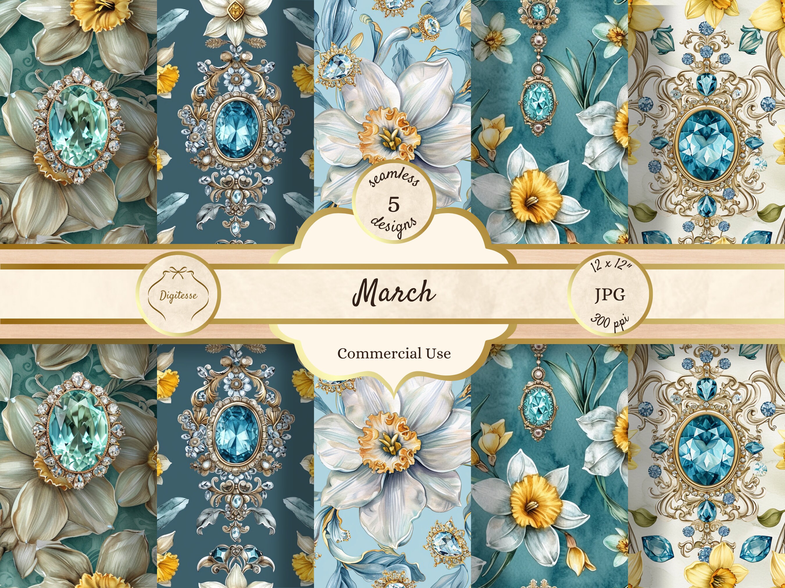 March Birthday Digital Paper, Birthstone Seamless Pattern, Aquamarine ...