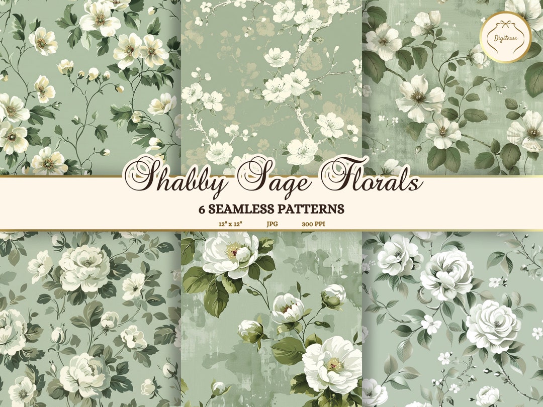 Sage Green Floral Seamless Patterns, Shabby Chic Scrapbook Paper (JPG ...
